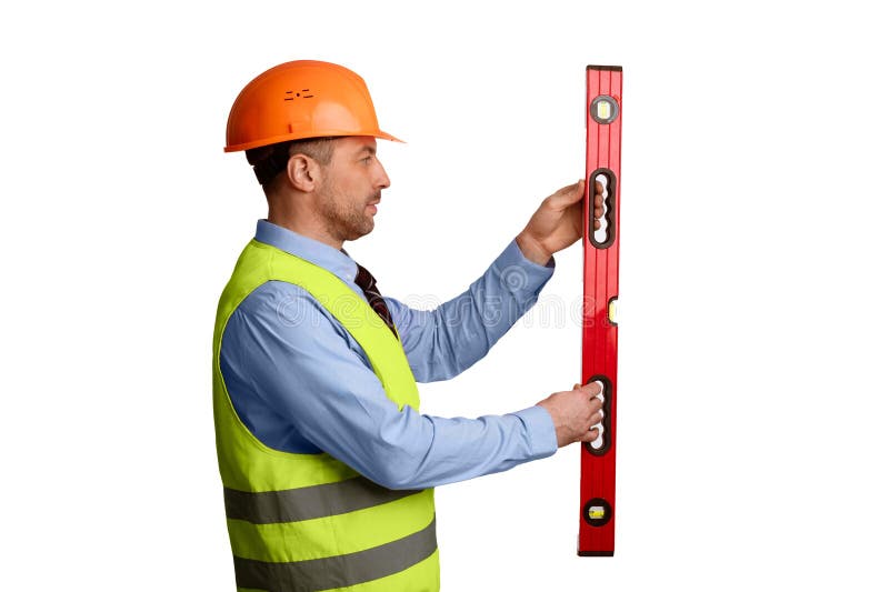 Builder Holding Building Level Working Standing Over White Background ...