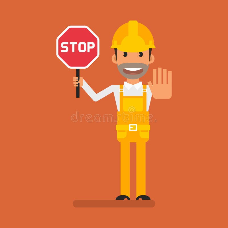 Builder Holding Stop Sign and Showing Stop with Hand. Flat People Stock ...