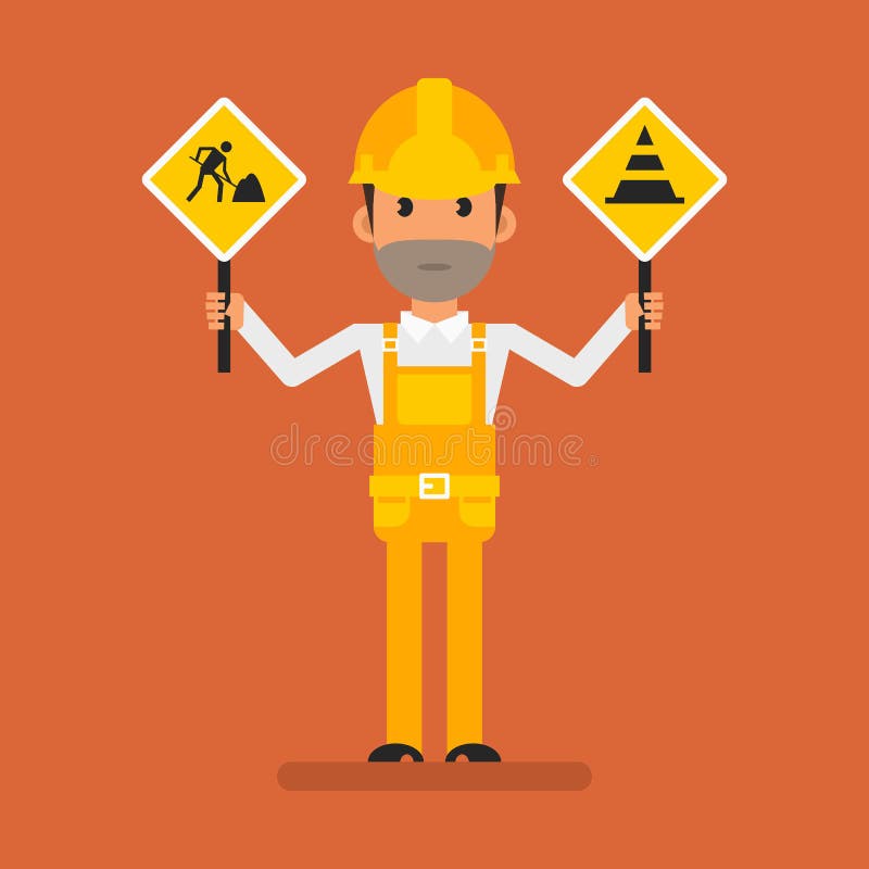 Builder Holding Two Warning Signs. Flat People Stock Vector ...