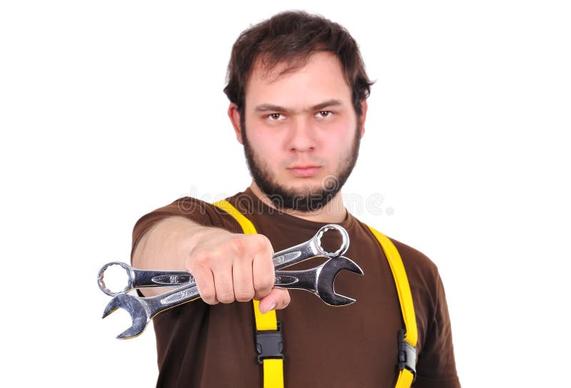 Builder holding wrench stock image. Image of industry - 34479609