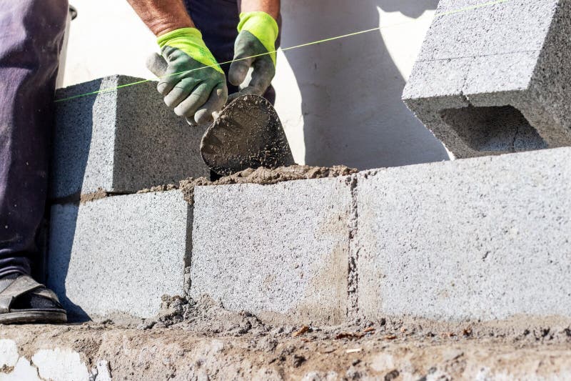 Builder Holds Trowel Construction Wall Made Aerated Concrete Blocks ...