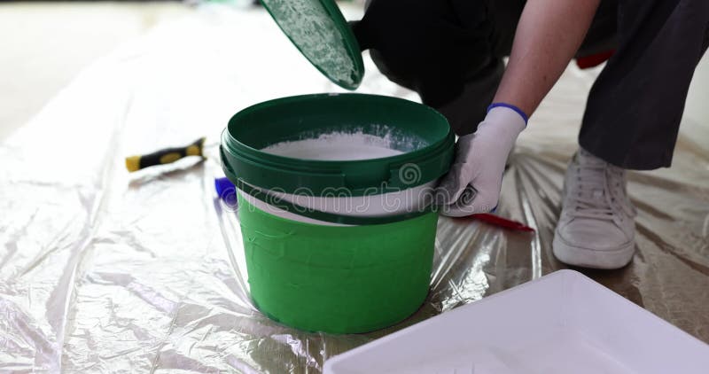 Builder House Painter Opens Bucket of White Wall Paint Stock Footage ...