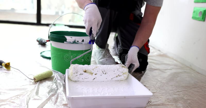 Builder House Painter Using Paint Roller at Work Indoors Stock Video ...