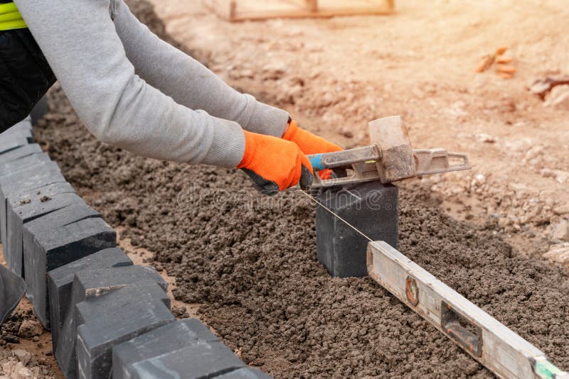 New Footpath Construction, Placing Edging Kerb on Semi-dry Concrete ...