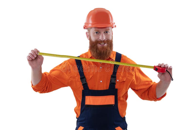 Builder Isolated on White. Man Builder Engineer. Architect Measuring ...