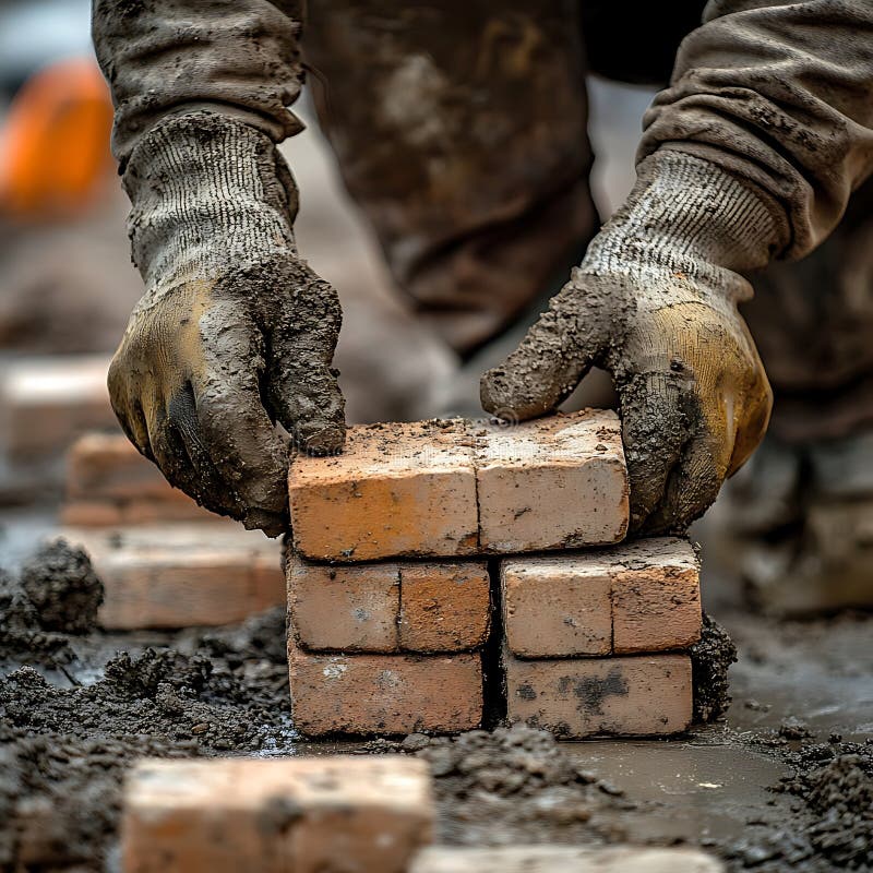 Builder Laying Bricks in Construction Site with Focused Attention Stock ...