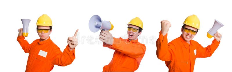 The Builder with Loudspeaker Isolated on White Stock Image - Image of ...