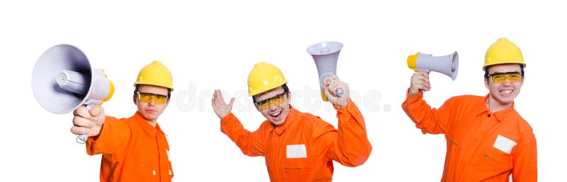 The Builder with Loudspeaker Isolated on White Stock Image - Image of ...