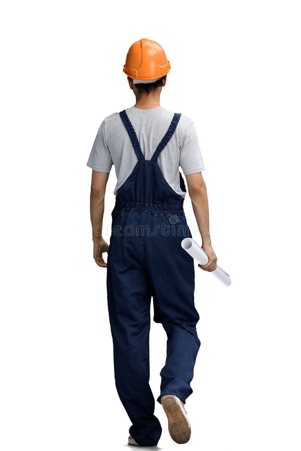A Builder Male on a White Background Moving, Back View Stock Image ...