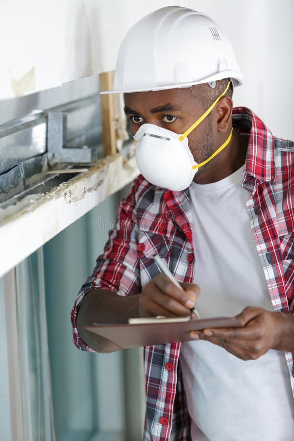 Builder Male Worker in Protective Mask and Helmet Stock Image - Image ...
