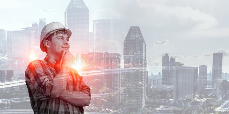 Builder Man Against Cityscape Stock Image - Image of business, handsome ...