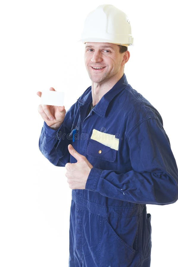 Builder Man in Blue Robe with Visit Card Stock Image - Image of paper ...