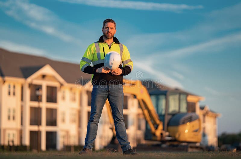 Builder Man at Building Site. Construction Manager in Helmet. Male ...