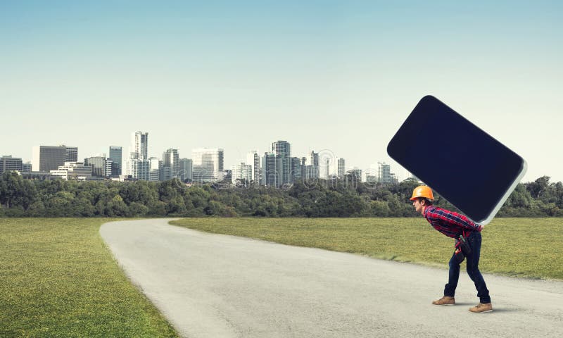 Builder Man Carry Huge Smartphone Stock Image - Image of mobilephone ...