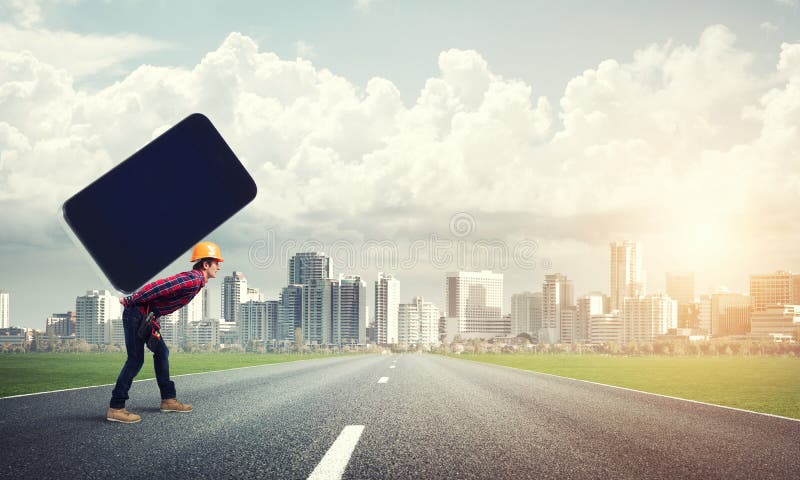 Builder Man Carry Huge Smartphone Stock Photo - Image of carry, power ...