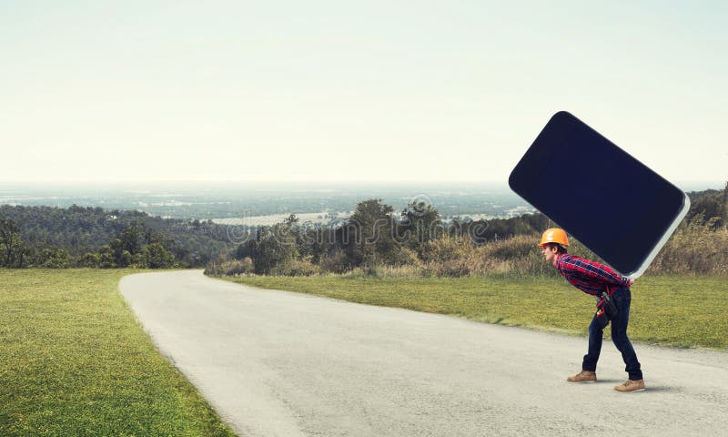 Builder Man Carry Huge Smartphone Stock Photo - Image of smartphone ...