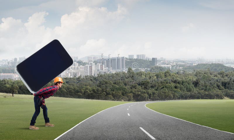Builder Man Carry Huge Smartphone Stock Image - Image of road, cell ...