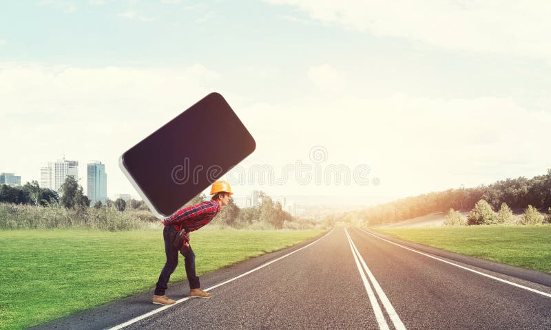 Builder Man Carry Huge Smartphone Stock Photo - Image of production ...