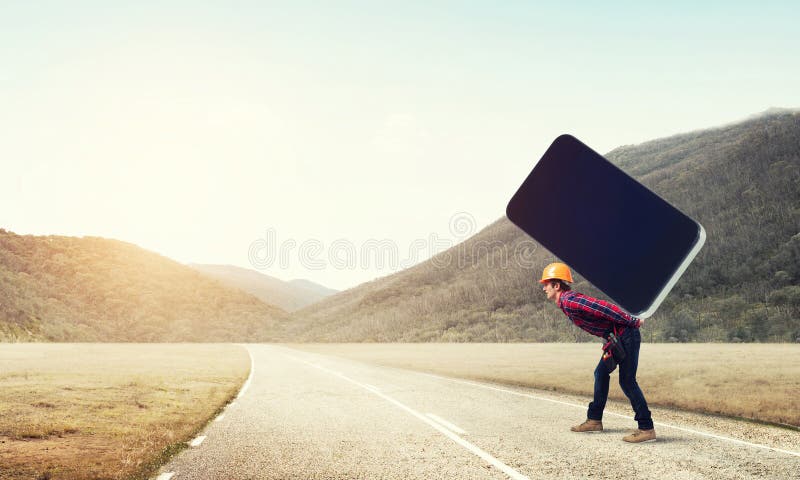 Builder Man Carry Huge Smartphone Stock Image - Image of mobile ...