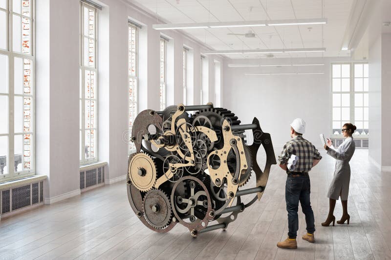 Builder Man and Clockwork. Mixed Media Stock Image - Image of male ...