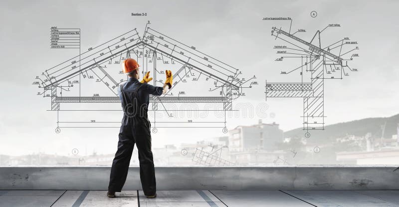 Builder Man Draw Project . Mixed Media Stock Image - Image of blueprint ...