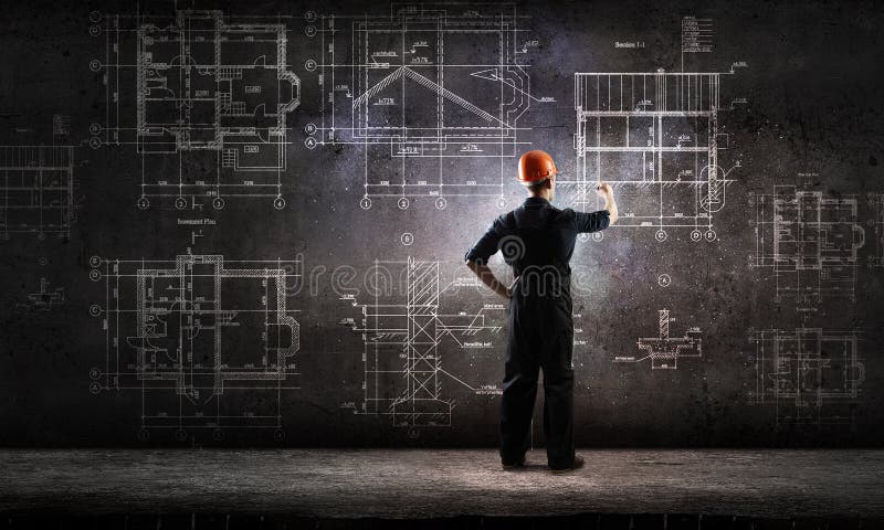Builder man draw project stock photo. Image of blueprint - 92379484