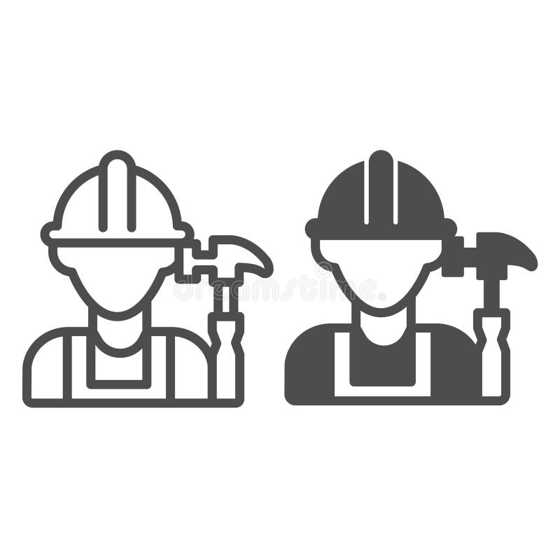 Builder Man and Hammer Line and Solid Icon, Construction Concept ...