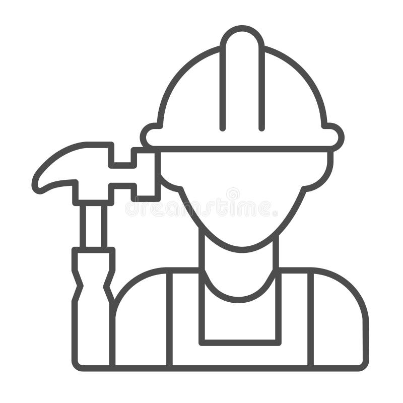 Builder Man and Hammer Thin Line Icon, Construction Concept. Vector ...