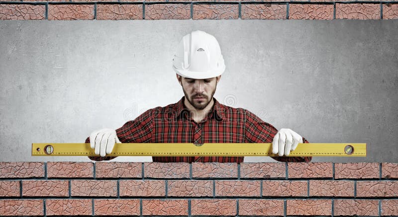 Builder Man with Level . Mixed Media Stock Photo - Image of level ...