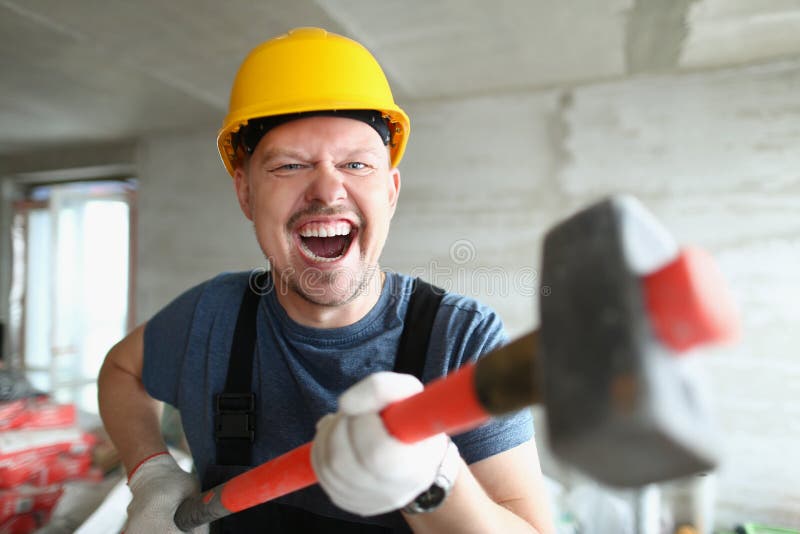Builder Man with a Long Hammer in His Hands Stock Image - Image of ...