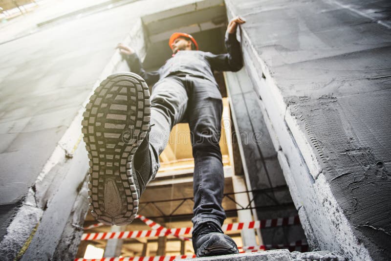 Builder Man Near an Unfenced Dangerous Opening at a Height at a ...