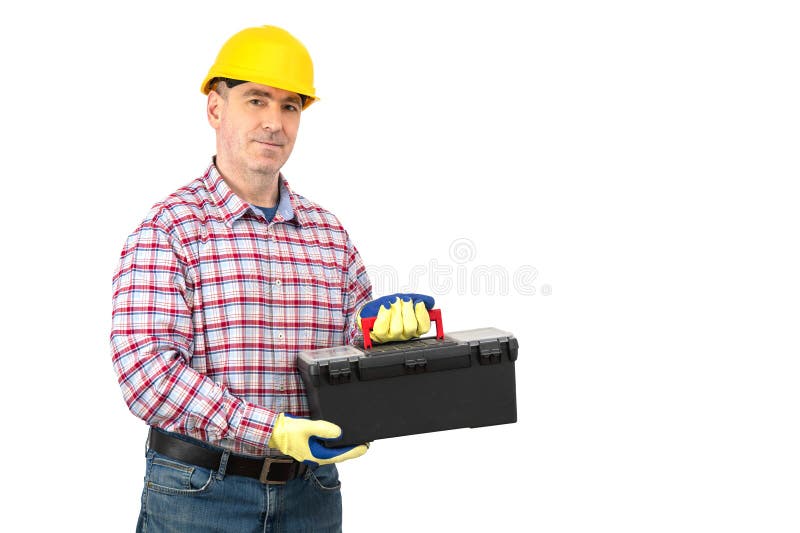 Builder Man with Objects and Tools Stock Image - Image of helmet ...
