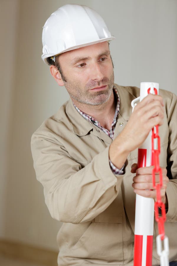 Builder Man Working with Chain Stock Image - Image of lumberjack ...