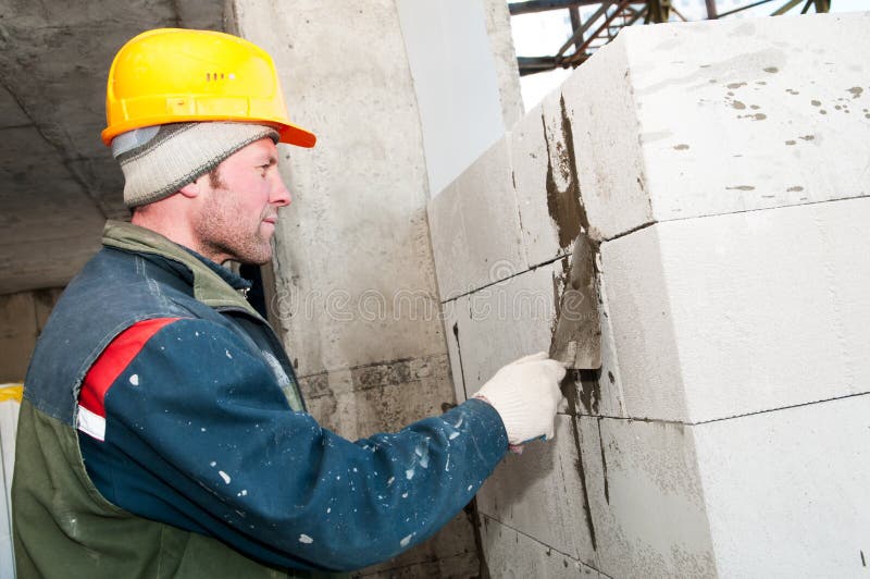 Builder Mason at Bricklaying Work Stock Image - Image of sand, hardhat ...