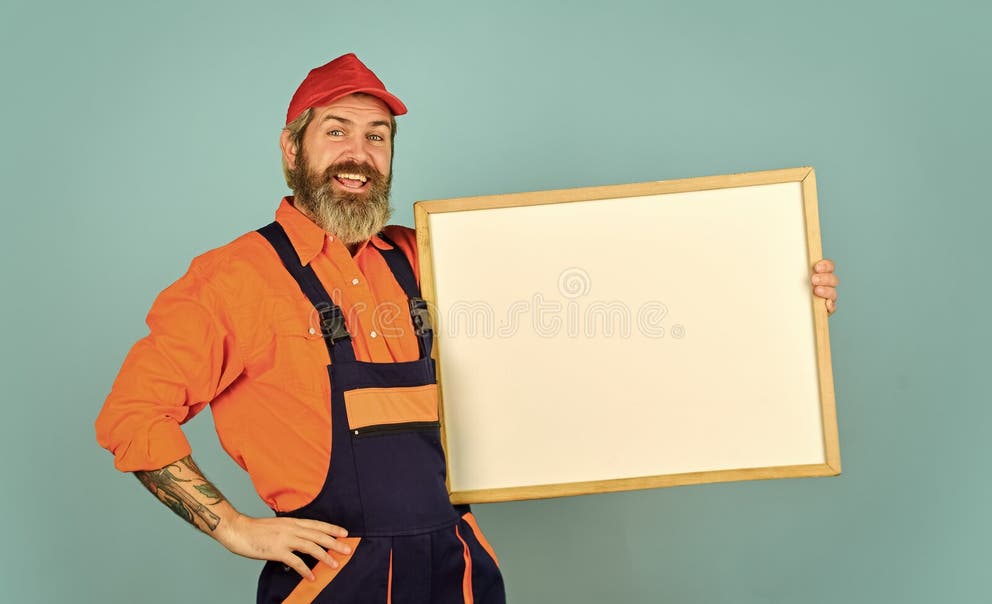 Builder Men Points on Flipchart. Engineer Project, Copy Space ...