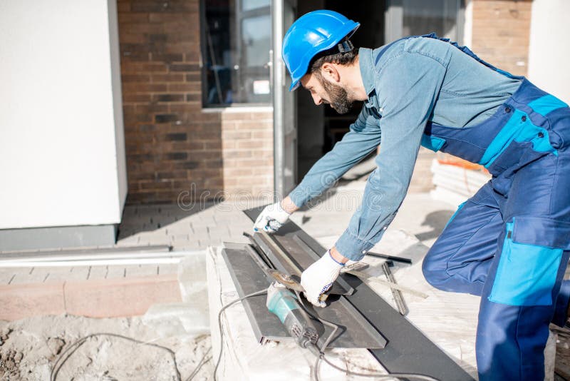 Builder with Metal Window Sills Stock Photo - Image of uniform, work ...