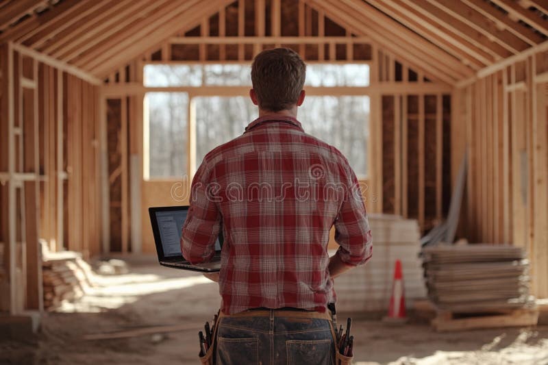 Builder Monitoring Construction Progress with Laptop in a Frame Home ...