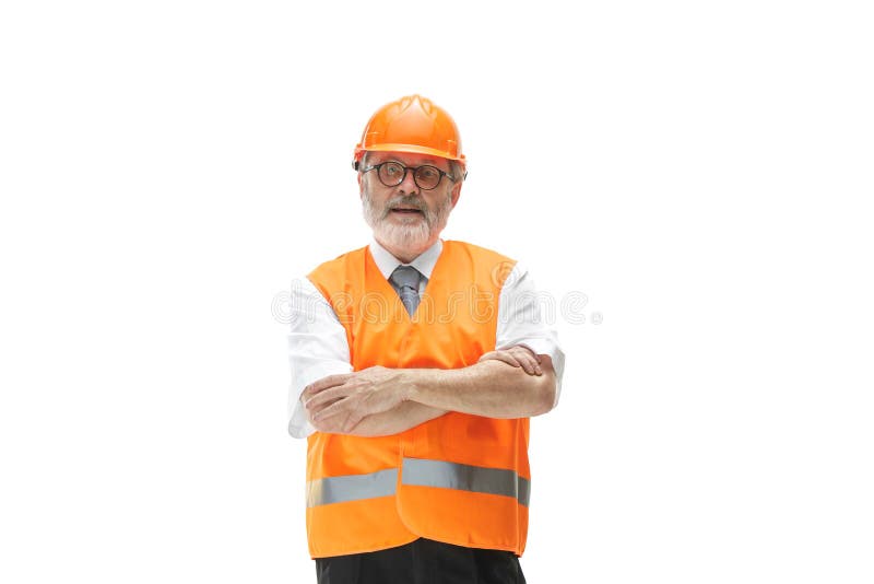 The Builder in Orange Helmet Isolated on White Stock Photo - Image of ...