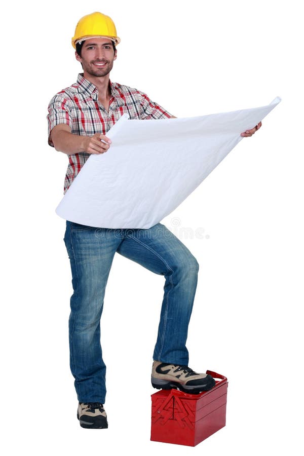 Builder, Plans, Orange House and Sky Stock Photo - Image of engineering ...