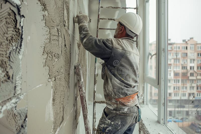 A Builder Plasters the Wall of a High-rise Building Stock Image - Image ...