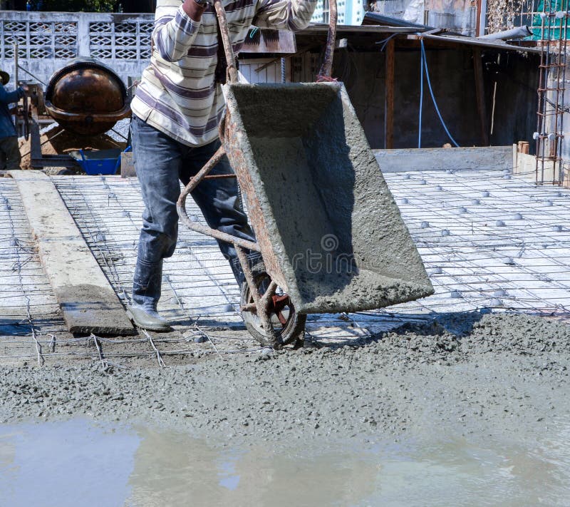 Workers are Cementing Cement on the Floor of Reinforced Concrete ...