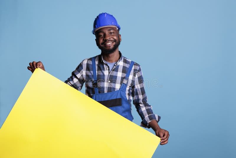 Builder Presenting a Panel with Advertising Space Stock Photo - Image ...