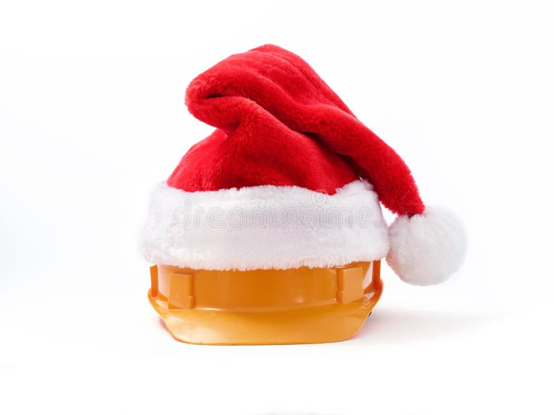 Builder`s Hard Hat in Santa Hat on White Background Stock Photo - Image ...