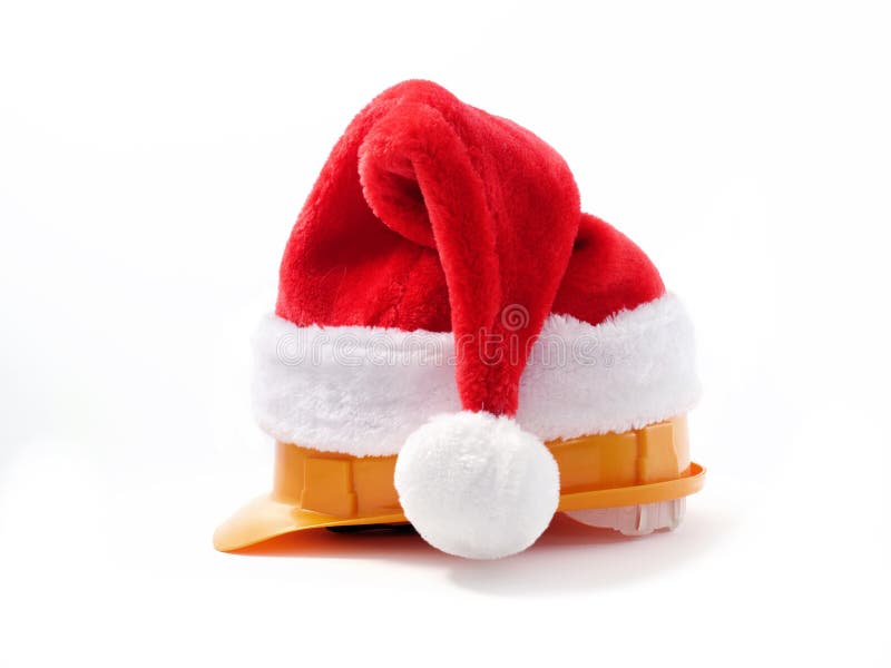Builder`s Hard Hat in Santa Hat on White Background Stock Photo - Image ...