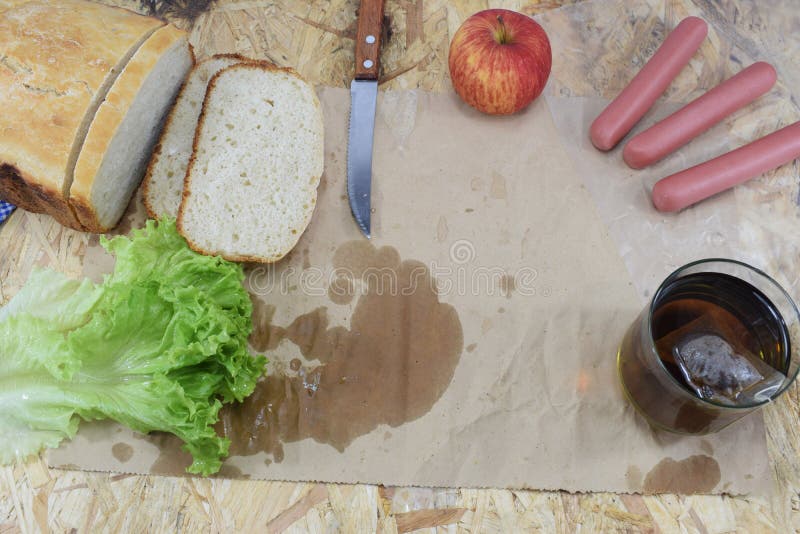 A Builder`s Lunch, a Wooden Work Table on the Construction Site with ...