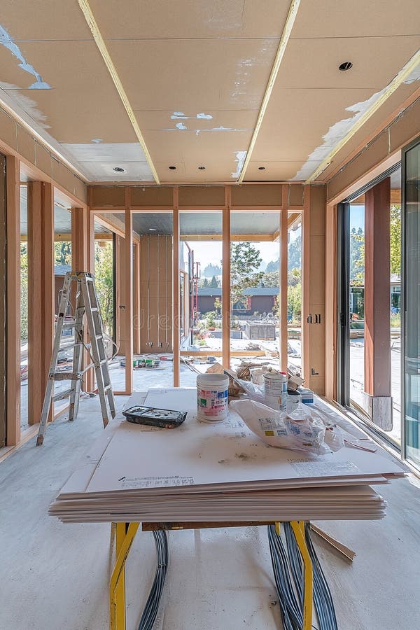 Builderâ€™s Perspective of a House in Mid-construction with Primed ...