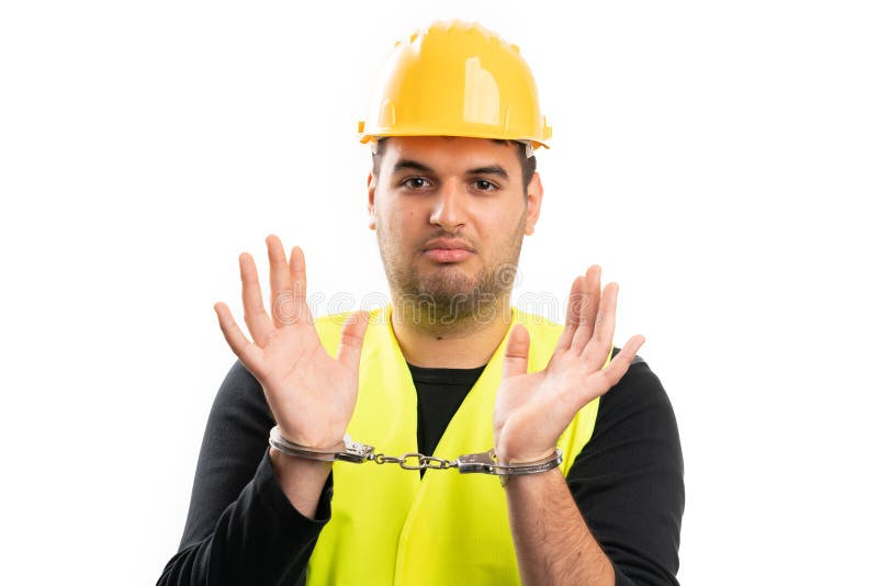 Builder with Sad Expression Showing Handcuffs Corruption Concept Stock ...