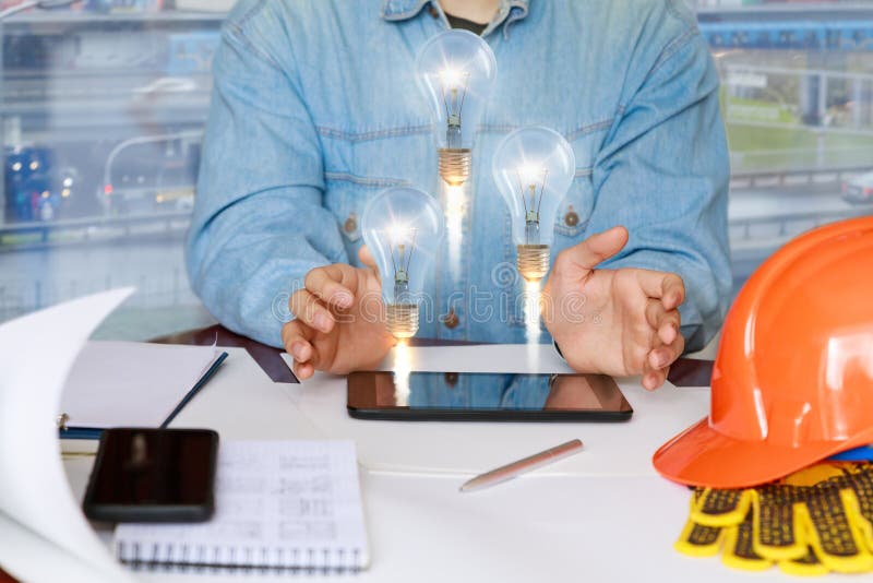 Builder Shows the Ideas in the Tablet . Stock Photo - Image of builder ...