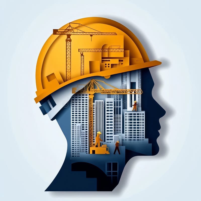 Builder Silhouette with Construction Elements Inside Hard Hat ...