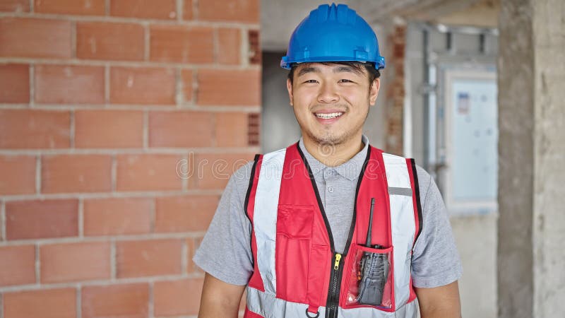 Builder Smiling Confident Standing at Construction Site Stock Image ...